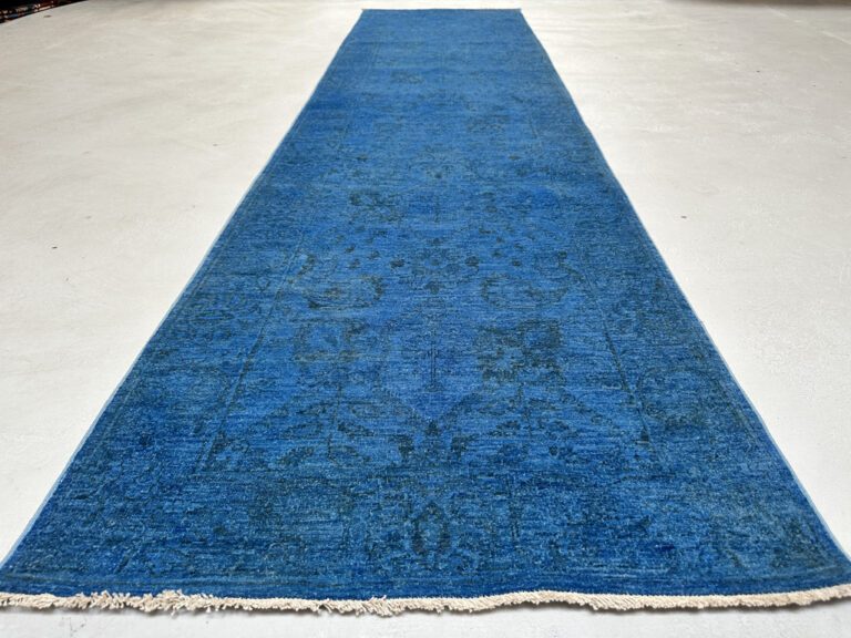 Handmade Blue Overdye Afghan Wool Runner Rug (3′ x 11’9″) | Yamil Craft