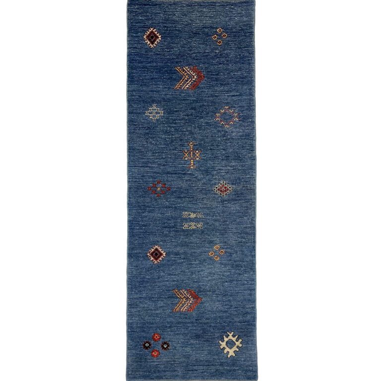 Handmade Blue Overdye Afghan Wool Runner Rug (3′ x 11’9″) | Yamil Craft